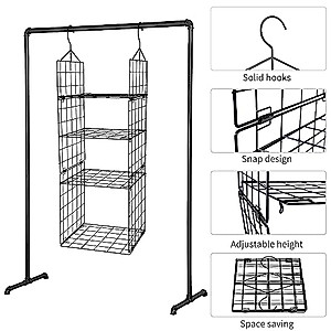 Chemailon Metal Wire Hanging Closet Organizer 4-Shelf Wardrobe Storage for Clothes, Shoes, and Handbags, Adjustable Height, Black