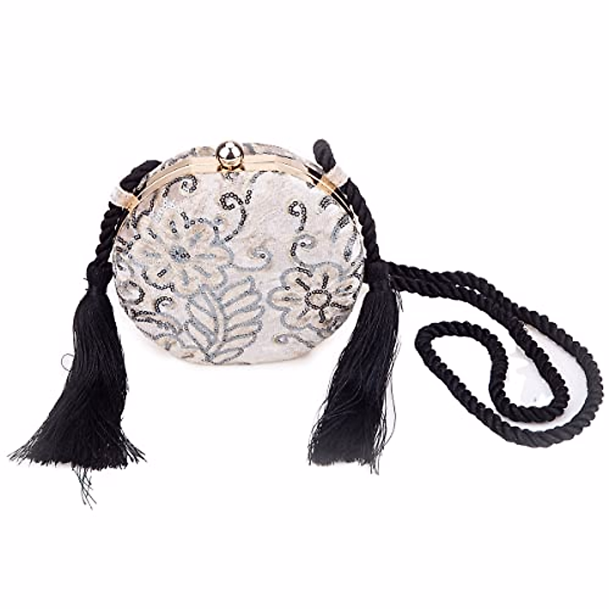 Fawziya Evening Clutch Sequin Embroidery Tassel Round Velvet Medium Novelty Purses For Women Crossbody-Beige