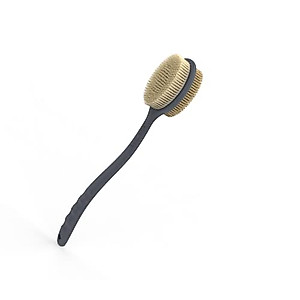 Avilana Shower Body Brush with Long Curved Handle, Long Silicone Handle Back Scrubber With Dual-Sided Long Handle Bath Shower Brush with Soft and Stiff Bristles (Long Handle-Dark Gray)