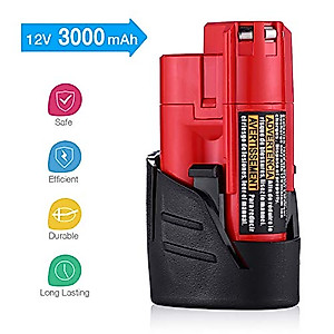 Powerextra 2 Pack 12V 3000mAh Lithium-ion Replacement Battery Compatible with Milwaukee M12 48-11-2411 48-11-2420 48-11-2401 48-11-2402 48-11-2401 12-Volt M12 Cordless Tools