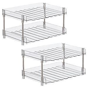 mDesign Free-Stand Stackable 2-Tier Bottle Holder, 8 Small Bottles, 6 Large Bottles of Water, Wine - Drink Organizer Shelf for Kitchen Counter, Cabinet, Pantry, Fridge, Freezer, 2 Pack, Clear/Polished