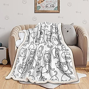 Sleepwish Cat Blankets for Cat Lovers Cute Cat Blanket for Girls Women Fleece Cat Sherpa Blanket Black and White Cat Print Blanket Fuzzy Cat Blanket Throw (50" X 60")