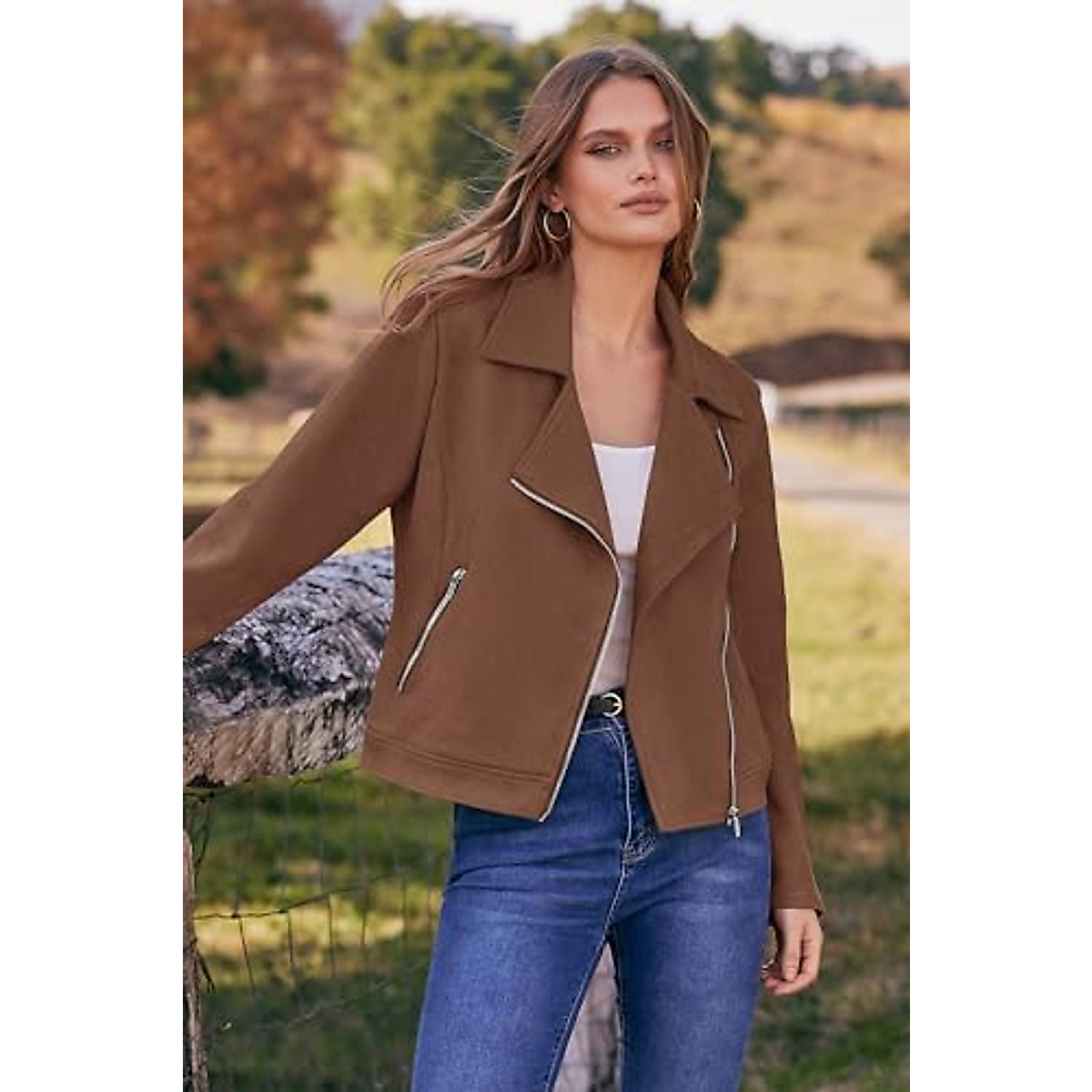 PRETTYGARDEN Women's Winter Faux Suede Moto Biker Jacket Long Sleeve Zip Up Lapel Y2K Short Coat with Pockets Fashion Dressy (Coffee,X-Large)