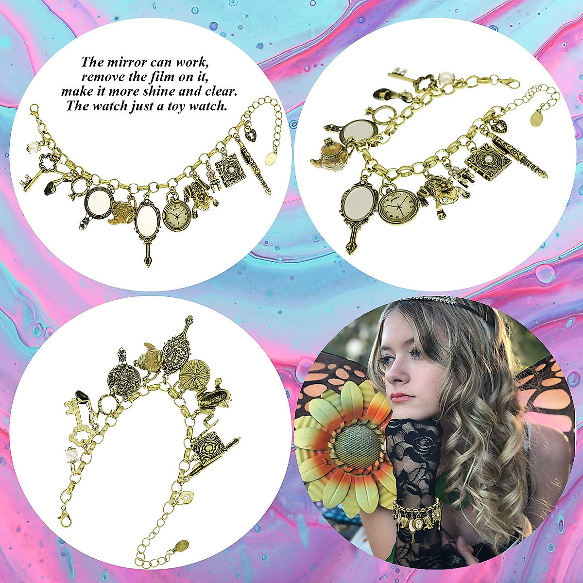 Vintage Gold Fairytale Lucky Charms Link Chain Cuff Bangle Bracelet Wonderland Style Frog Mirror Clock Heart Teapot Pendants Party Friendship Gift For Women and Girls