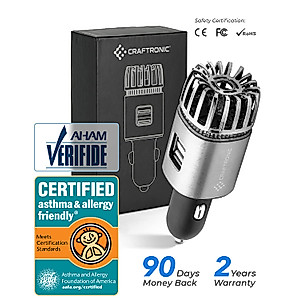Craftronic 2.0 Ionic HEPA Car Air Purifier - (5.6 million of Negative Ions) Remove Cigarette Smoke & Allergens, Bacteria, Pollutants, Gases (VOCs) + Anti-Microbial Deodorizer Freshener (Silver)