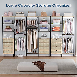 98.04 Inches Closet System, Large Wall Mount Wardrobe Cabinet Clothes Storage and Organizer Heavy-Duty Garment Rack Walk-in Clothes Rack with 8 Natural Rattan Drawers for Bedroom and Walk in Closets