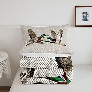 Erosebridal Mallard Duck Comforter Set Queen Wild Animal Bedding Set, Grey Honeycomb Duvet Insert Lake Wildlife Duvet, Modern Geometric Hexagon Quilted Duvet Hunting Theme Home Decor 3pcs