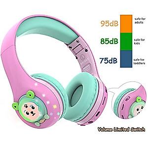 Riwbox Kids Bluetooth Headphones, Baosilon FB-7S Frog Kids Toddler Headphones for School with Mic, 75/85/95dB Volume Limited Light Up Wireless Headphones Over Ear for Girls (Pink&Green)