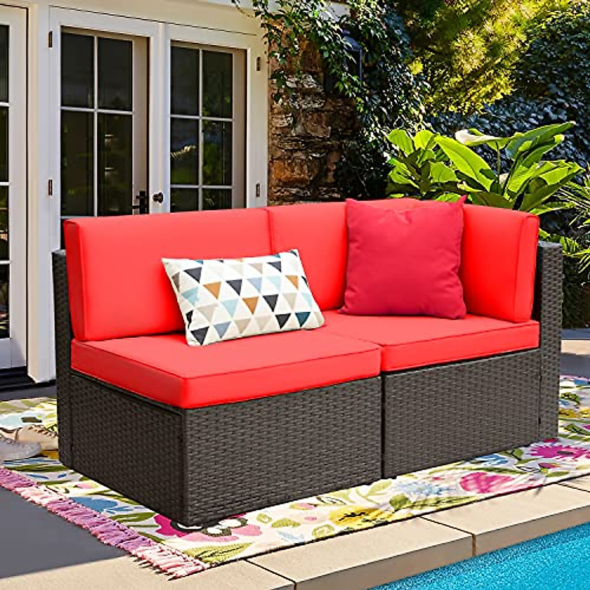 Devoko 2 Pieces Patio Furniture Sofa Sets Outdoor All-Weather Sectional Corner Sofa and Armless Sofa (Red)