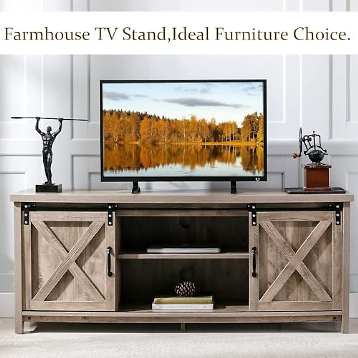 Vinctik 6&Fox 58In Farmhouse Entertainment Center,Rustic TV Stand for up to 65 inch TV,Farmhouse TV Stand with Wood Sliding Barn Door ,Adjustable Storage Shelf,Media TV Table