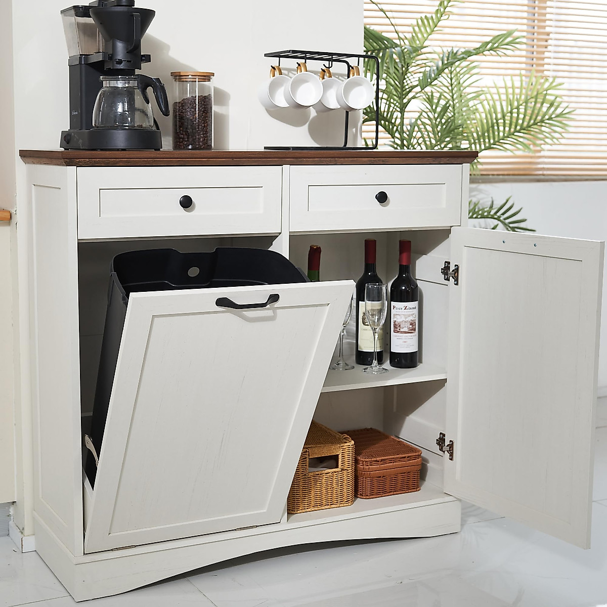 Spurgehom 13 Gallon Tilt Out Trash Cabinet Kitchen Waste Bins, Laundry Hamper Tilt Out Pet Proof Hidden Trash Bin for Kitchen Living Room, Antique White