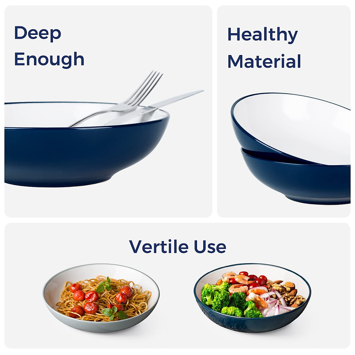 GBHOME 8.75'' Large Pasta Bowls Set of 4, 42oz Stoneware Deep Salad Pasta Bowls for Kitchen, Chip-resistant Bowls Set for Salad Pasta Meal, Microwave and Dishwasher Safe, White-Cobalt