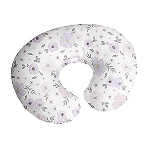 Sweet Jojo Designs Watercolor Floral Nursing Pillow Cover Breastfeeding Pillowcase for Newborn Infant Bottle Breast Feeding Pillow NOT Included Lavender Purple Pink Grey Boho Shabby Chic Rose Flower