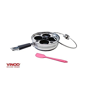 Vinod Non Stick Egg Poacher Pan – Skillet, Glass Lid, Removable Cup Tray - 4 Large Cups - Stainless Steel Poached Egg Cooker – Food Grade Egg Poaching – Heat Friendly Handle - Free Silicon Spatula