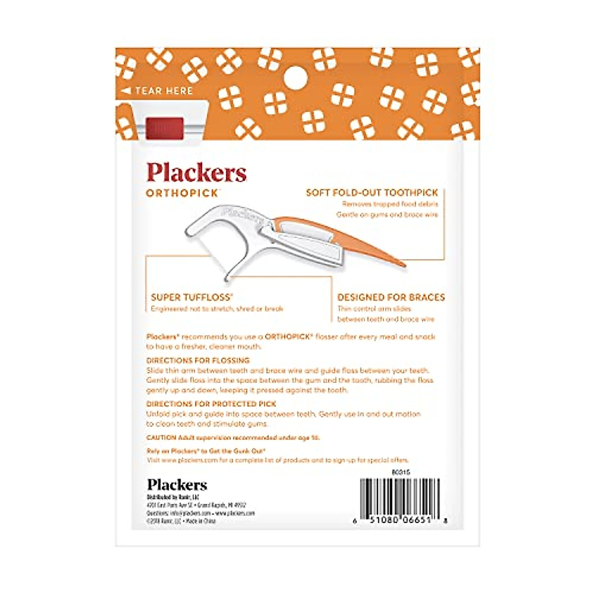 Plackers Orthopick Dental Floss Picks for Braces, 144 Count (36 pack of 4) Made with Super TufFloss, Soft, Flexible Toothpick, Gentle on Braces, Orange