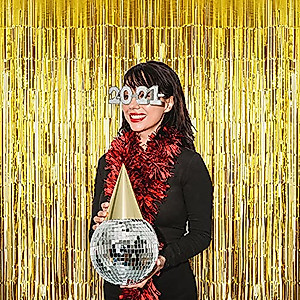 PCA 4 Pack Gold Fringe Tinsel Curtain Party Backdrop, Royal Theme Party Decor Streamers, Door Decorations, Glitter Streamer Backdrop for Halloween, Birthday