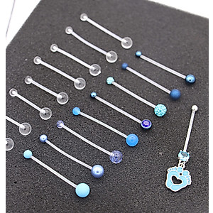 EVELICAL 26Pcs Pregnancy Belly Button Rings Long Bar Maternity Flexible Bioplast CZ Clear Navel Rings Sport Belly Piercing Retainer Body Jewelry Blue