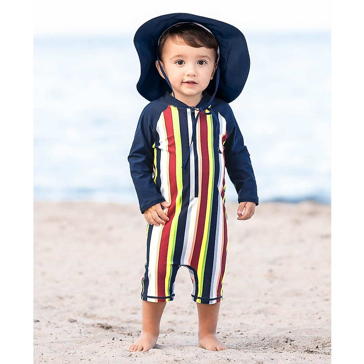 RUGGEDBUTTS Baby/Toddler Boy Swimsuit, One Piece Zipper Rash Guard Sunsuit with UPF 50+ Sun Protection - Sunset Stripe - 12-18m