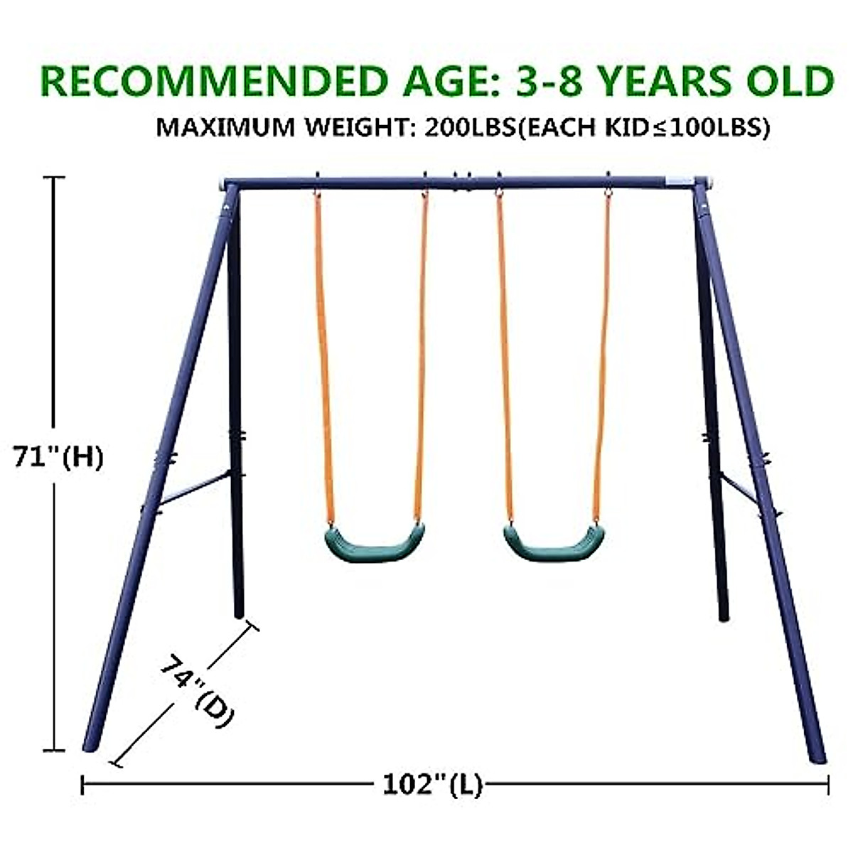 Prime Metal Swing Set Outdoor, 2 Seats, Durable Steel and Plastic Construction for Kids, Toddlers, Children Easy Assembly Two Station