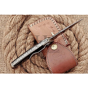 HUNTEX Custom Handmade Hand-Forged Twist Pattern Damascus Steel 4 Inch Long Natural Walnut Wood Handle Razor Sharp Hunting Folding Pocket Spear Knife with Pocket Clip & Genuine Leather Pouch