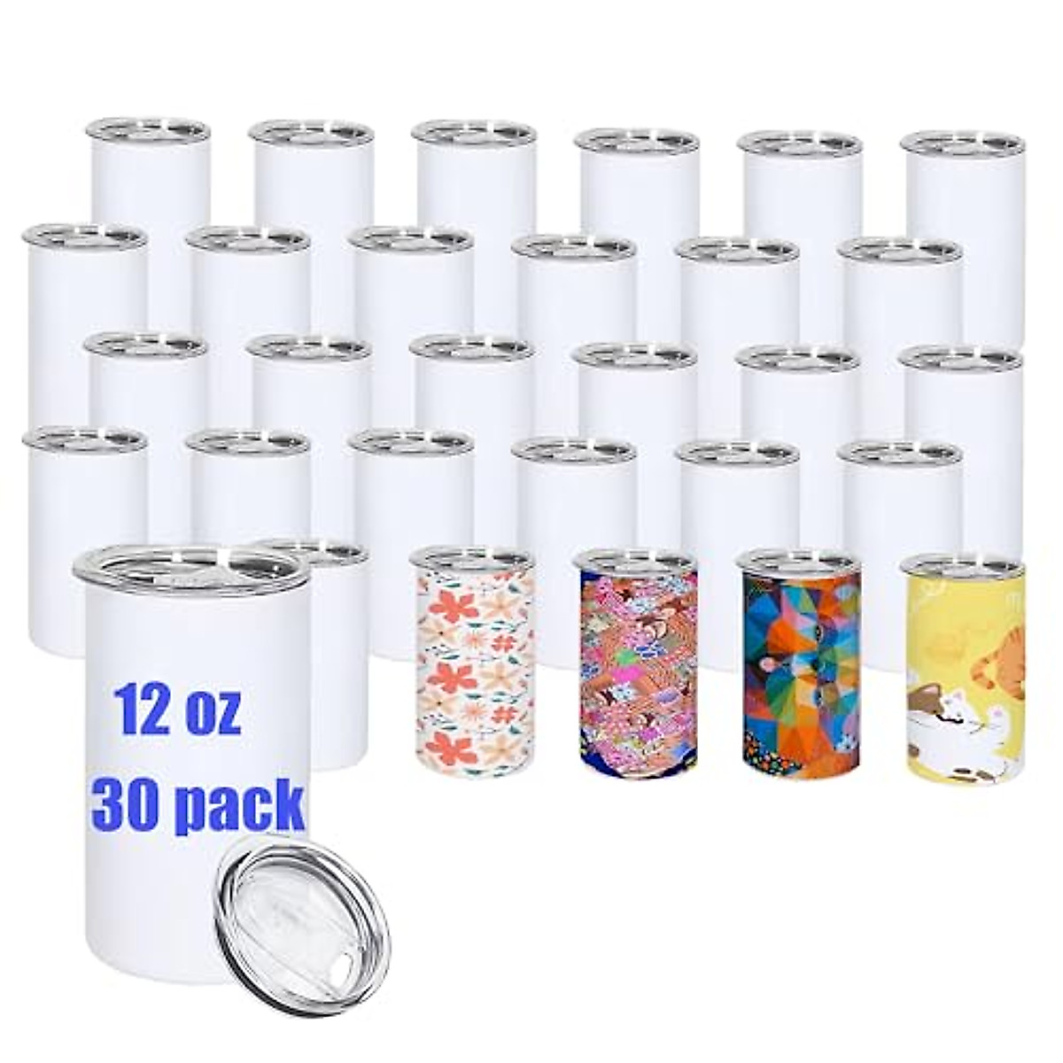 Icesip 30 Pack 12 OZ Sublimation Tumblers Blanks, Bulk Tumbler Blank for Sublimation Cups with Lids and Straws, Stainless Steel Double Wall Insulated Straight