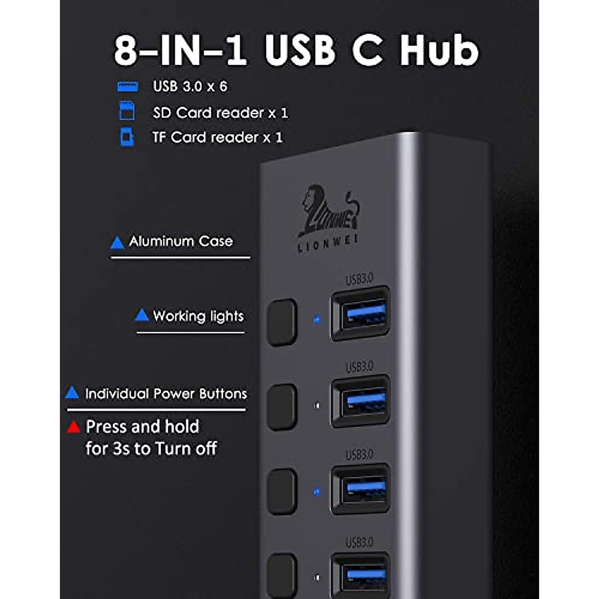 LIONWEI Universal 8-Port Powered USB 3.0/USB C Hub, Aluminum USB Splitter with 6 USB 3.0 Data Ports, SD/TF Card Readers, On/Off Power Switches, AC Adapter