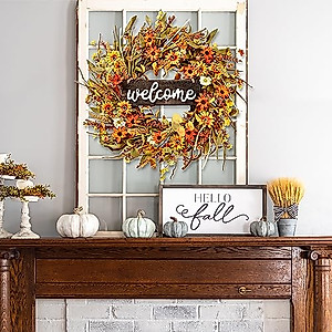 Sggvecsy Artificial Fall Wreath 22’’ Autumn Front Door Wreath Harvest Wreath with Orange Daisy Ear of Wheat Mixed Flowers and Leaves for Outside Indoor Wall Window Festival Thanksgiving Autumn Decor
