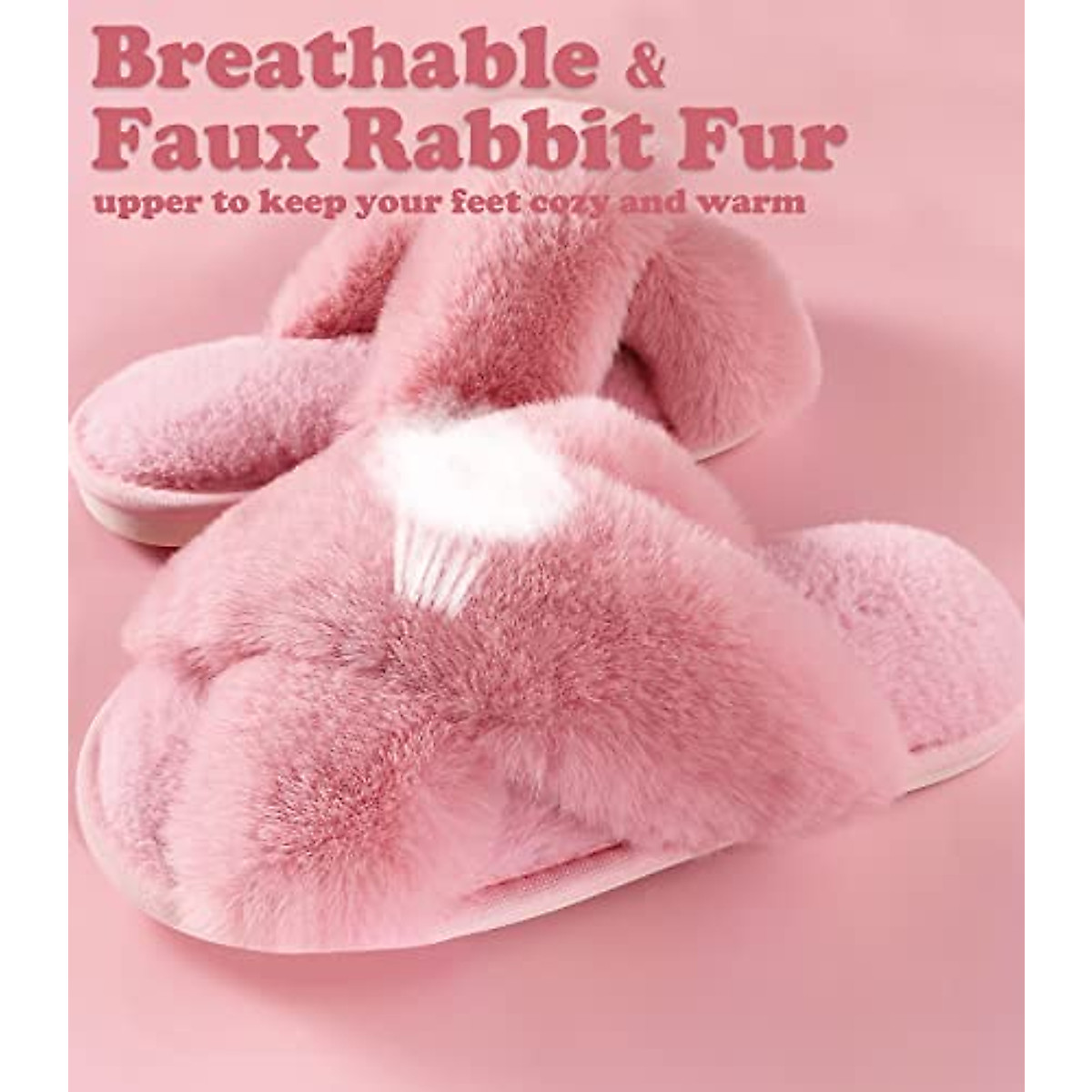 Women Pink Fuzzy Fluffy Slippers-Ankis Soft Cozy Plush Fuzzy Slippers Faux Rabbit Fur Memory Foam Furry Open Toe Breathable Fuzzy Slippers Bedroom Warm Comfy Cross Band Slippers for Women House Indoor