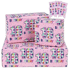 RUSPEPA Birthday Wrapping Paper Sheets with Gift Tags for Teenager Girls' Birthday Gift Wrap, 6 Fold on Sheets Each Set, 27 inches x 19 inches, Age 16
