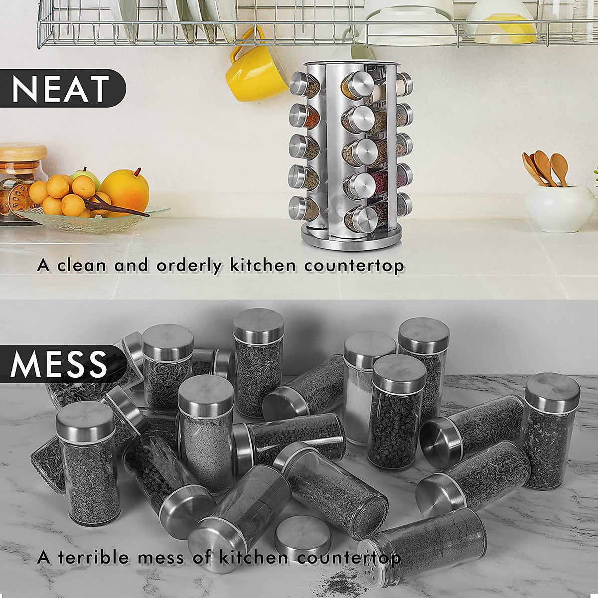 Baker Boutique Spice Rack, Spice Rack Organizer for Countertop, Rotating Spice Rack with Jars, Spinning Spice Rack Shelf, Revolving Spice Rack for Kitchen (Silver)