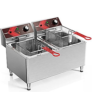 EGGKITPO Commercial Deep Fryer 12L x 2 Large Dual Tank Electric Deep Fryers with Basket Electric Countertop Fryer for Restaurant with 2 Frying Baskets and Lids, 1800W x 2, 120V