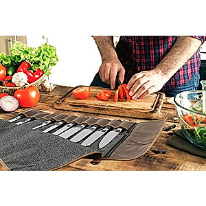 Denifiter Professional Chef's Knife Bag with Anti Cutting Fabric Inside, Heavy Duty 16oz Waxed Canvas Knife Roll, 11 Slots & Durable Handle Adjustable Shoulder Strap (Grey)