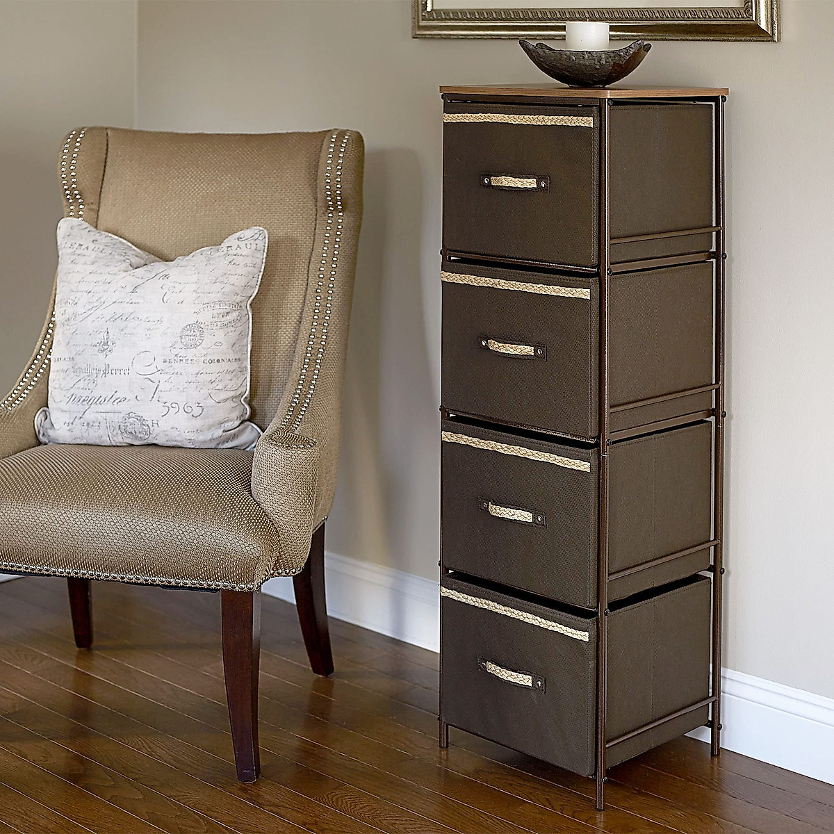 Household Essentials 2-Tier Storage Chest of Drawers Bronze Frame Wood Grain Top and 4 Brown Storage Bins with Natural Jute Trim