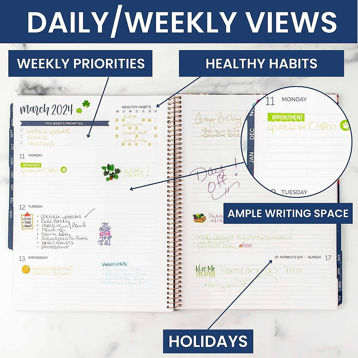 bloom daily planners 2023-2024 (8.5" x 11") Academic Year Day Planner (July 2023 - July 2024) - Weekly/Monthly Dated Agenda Organizer with Tabs - Modern Abstract, Navy