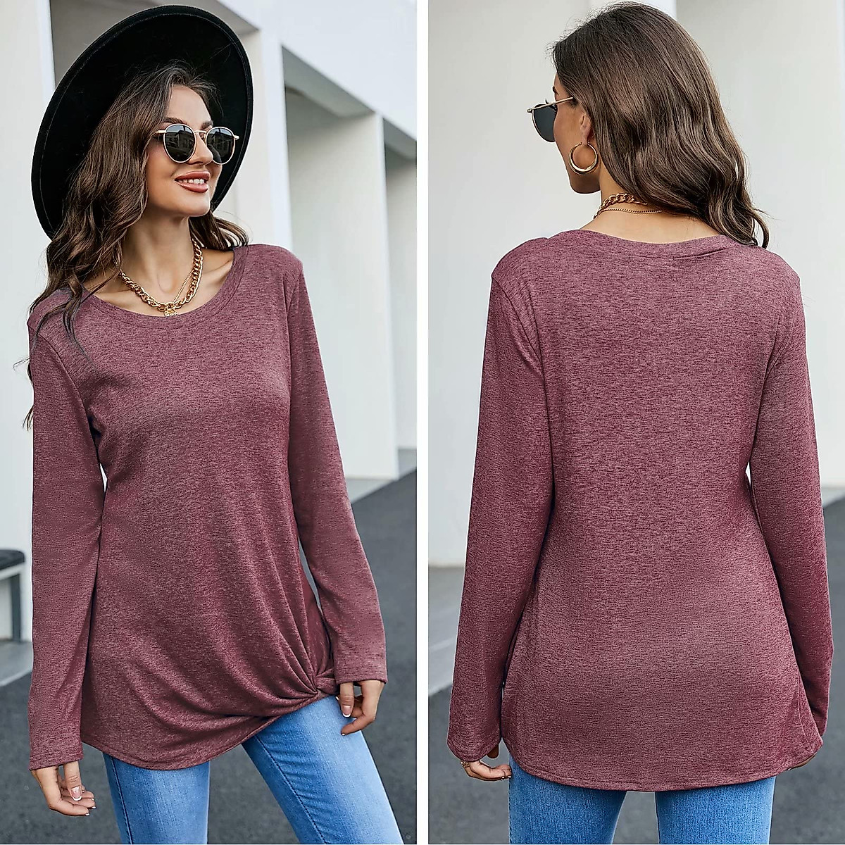 Bloggerlove Shirts For Women Casual Solid Tunic Tops To Wear With Leggings Twist Knot Blouse Long Sleeve Fall Clothes Red M