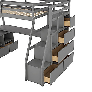 Merax Loft Bed Twin Size, Wooden Frame with Desk and Storage, Space-Saving Design with Convenient Multi-Drawers & Cabinet, for Teens Adults (Grey)