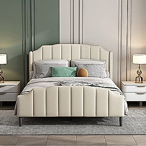 Queen Size Upholstered Bed with Headboard and Footboard, Wood Queen Platform Bed Frame for Bedroom, Velvet Fabric, No Box Spring Needed (Queen, Beige)
