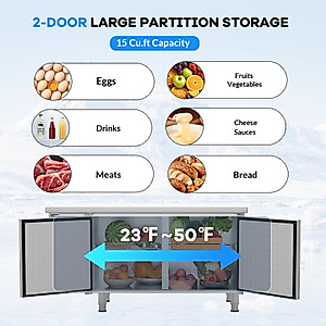GarveeTech Commercial Refrigerator Worktop Undercounter Refrigerator, 71" Worktop Freezer, 2 Door Stainless Stee Counter Fan Cooling Refrigerator, 15 cu. ft. for Restaurant, Bar, Store