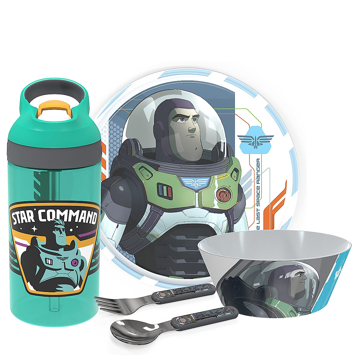 zak! Disney and Pixar Lightyear - 5-Piece Dinnerware Set - Durable Plastic & Stainless Steel - Includes Water Bottle, 8-Inch Plate, 6-Inch Bowl, Fork & Spoon - Suitable for Kids Ages 3+