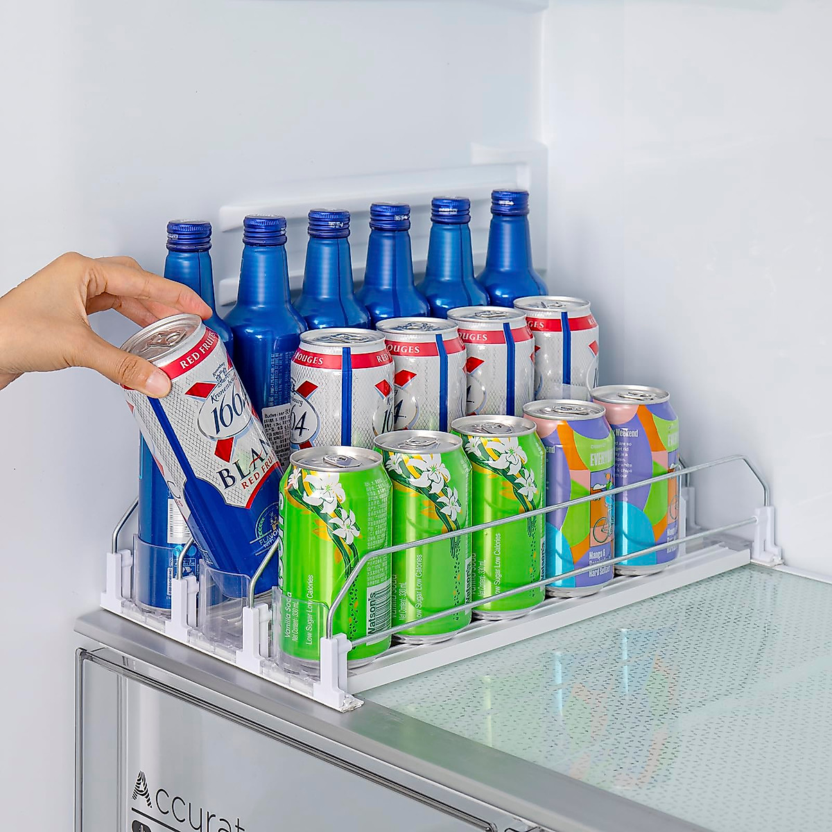 Rula Drink Organizer for Fridge, Width Adjustable Water Bottle Pusher Glide, Self-Pushing Soda Can Dispenser for Refrigerator - Holds up to 15 Cans (15"D, 3 Rows)
