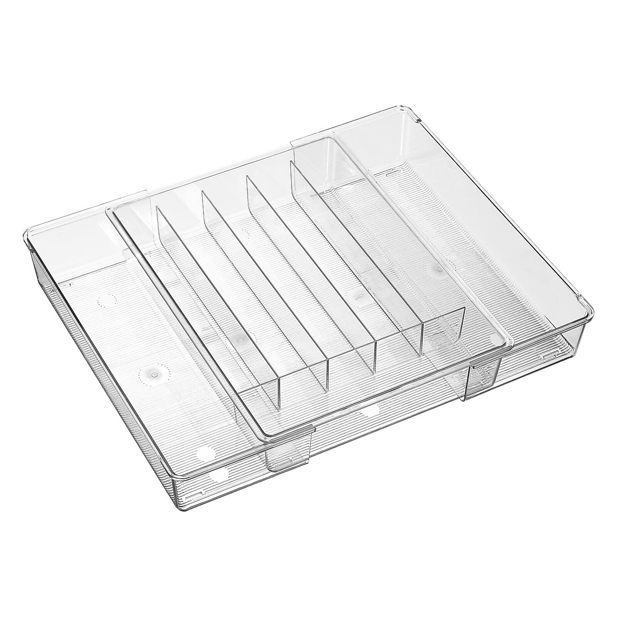 mDesign Dual Expandable Plastic In-Drawer Utensil Organizer Tray Deep 6 Divided Sections for Kitchen Organization; Holds Cutlery, Flatware, Silverware, Cooking Utensils, Ligne Collection - Clear