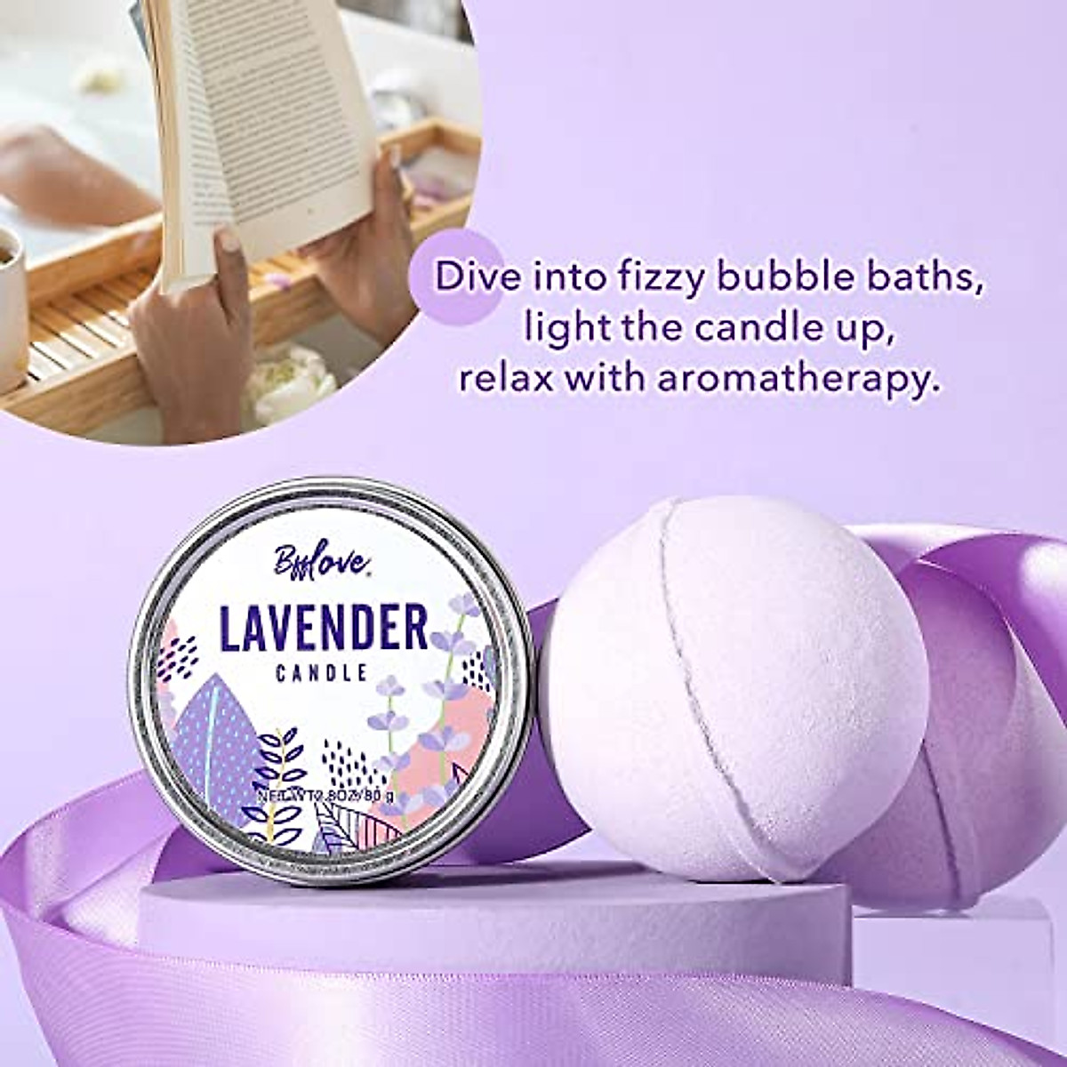 BFF LOVE Spa Gift Baskets for Women, Bath and Body Gift Set, Lavender Spa Set for Women Gift, with Candle, Bath Bomb, Bubble Bath, Relaxing Pamper Gifts for Women, Valentines Gifts for Her