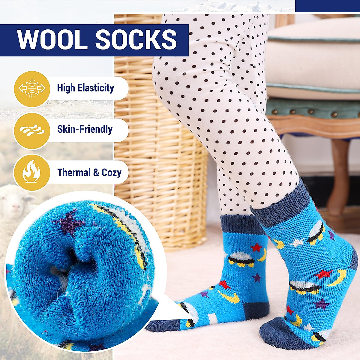 Eocom 6 Pairs Children's Winter Warm Wool Animal Crew Socks Kids Boys Girls Socks (Car, 1-3T)