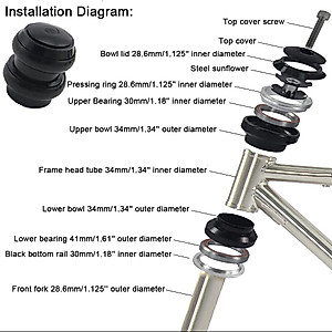 CYDZSW 1-1/8'' Threadless Bike Headset for Bikes Fork,with Spacers Star Nut Stem Cap and Bearings,Fit for MTB Mountain Race Bicycle BMX Scooter Headset Parts 34mm