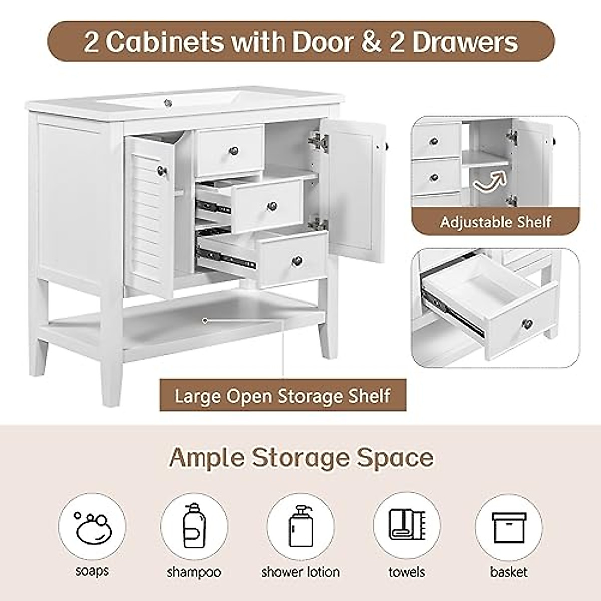 i-POOK 35" Bathroom Vanity Without Sink, Modern Undermount Bathroom Sink Cabinet with 2 Cabinets, 2 Drawers, Open Shelf and Adjustable Divider, Freestanding Bathroom Vanities, White
