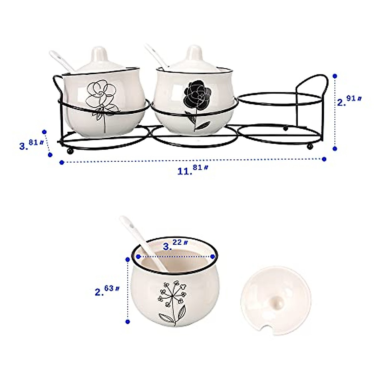 Ceramic Spice & sugar Jars, with Lids Spoons and Shelf,Porcelain Condiment Kitchen Jar Spice Container Set, 230 ML,3 Pcs