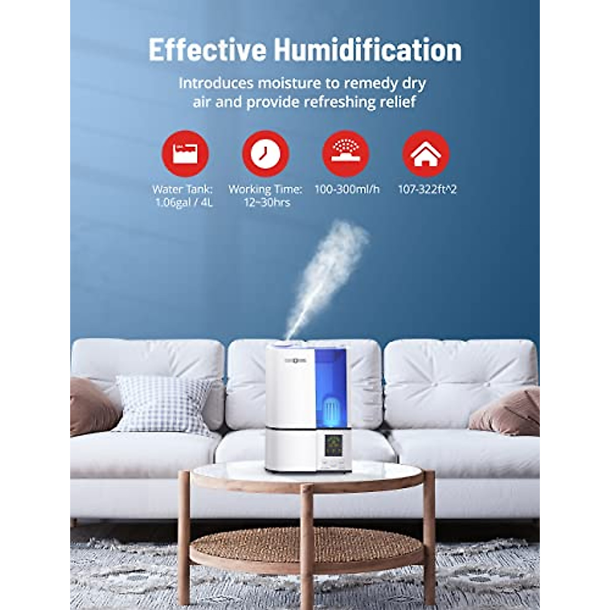 Humidifiers for Bedroom, Upgrade 4L Cool Mist Humidifiers with Humidistat, PARIS RHÔNE Smart Vaporizer humidifier for Home Large Room, LED Display, Quiet Operation, Sleep Mode, 24H Timer, Night Light