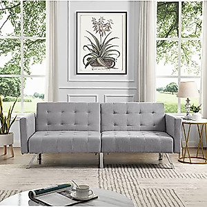 75"Convertible Folding Futon Sofa Bed,Split Back Design,Modern Fabric Sleeper Couch Bed with Armrest and Chrome Legs,Upholstered Recliner Loveseat for Living Room Apartment Dorms Office (Light Grey)