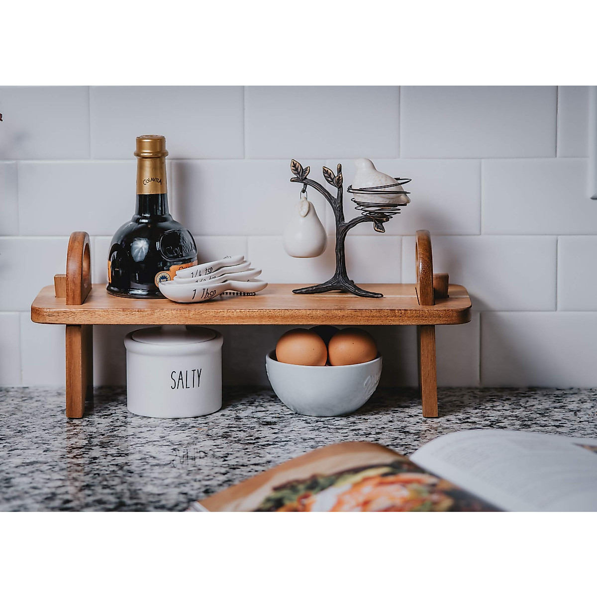 SPEShh Acacia Wood Serving Board on Stand – Contemporary Raised Wooden Serving Platter – Elegant Hand-Finished Home Décor Counter Shelf Organizer & Cheese Charcuterie Boards - 16.5 x 5.5 x 6.7 inches