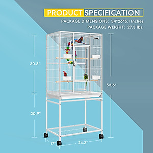 VIVOHOME 54 Inch Wrought Iron Large Bird Flight Cage with Rolling Stand for Parakeets Canaries Cockatiels Lovebirds Conures, White